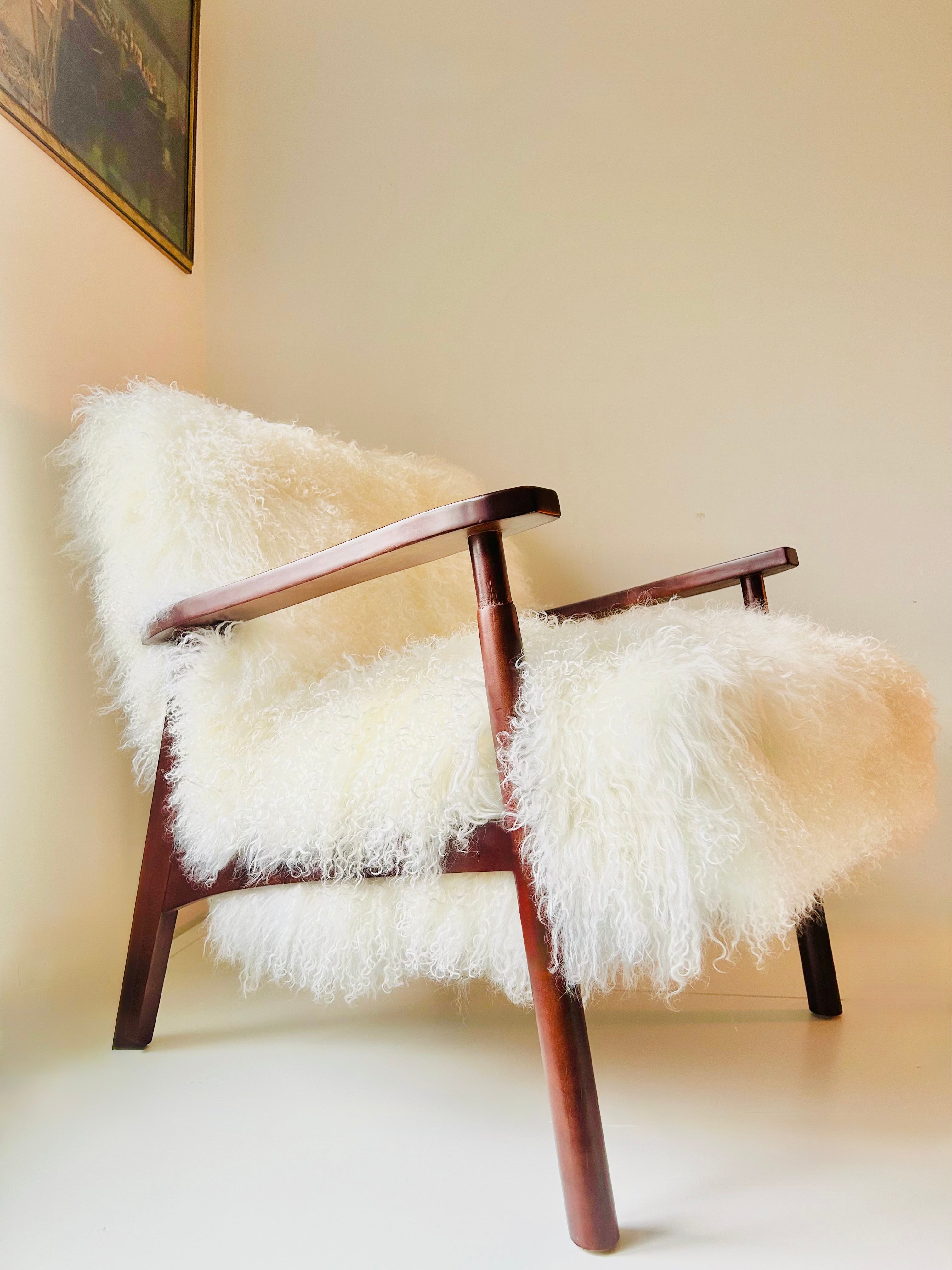 Handmade Scandinavian Mid Century Mongolian Fur and Solid Wood Accent ...